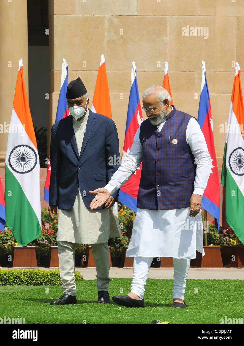 Indian Prime Minister Narendra Modi (R) and Nepal's Prime Minister Sher ...