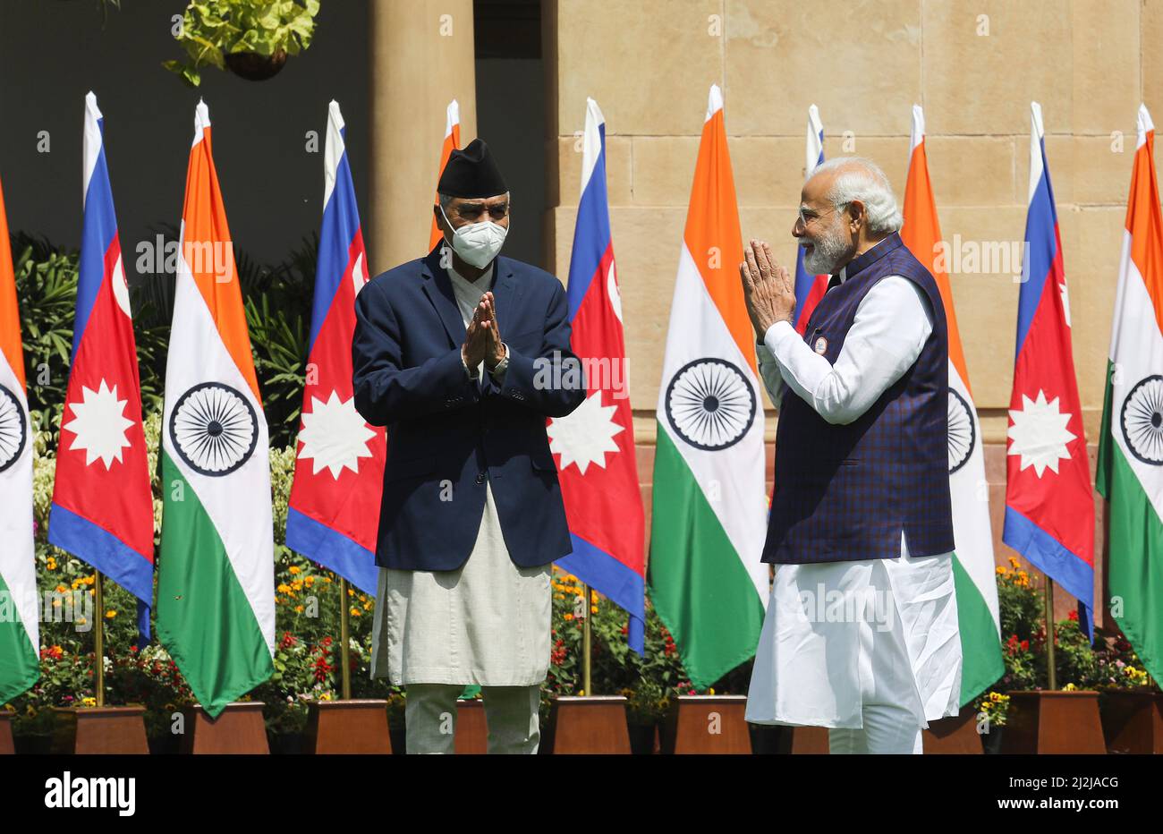 Indian Prime Minister Narendra Modi (R) and Nepal's Prime Minister Sher ...
