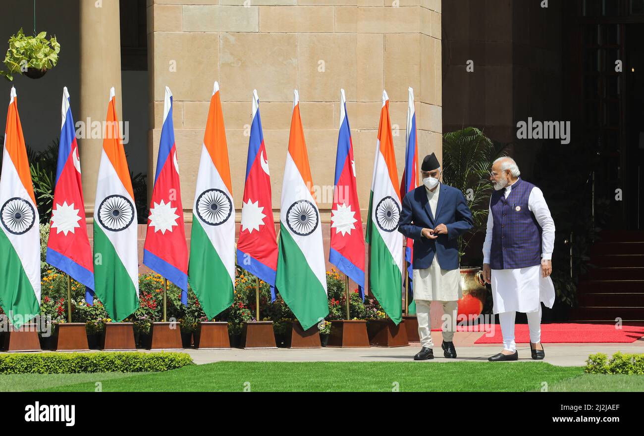 Indian Prime Minister Narendra Modi (R) and Nepal's Prime Minister Sher ...