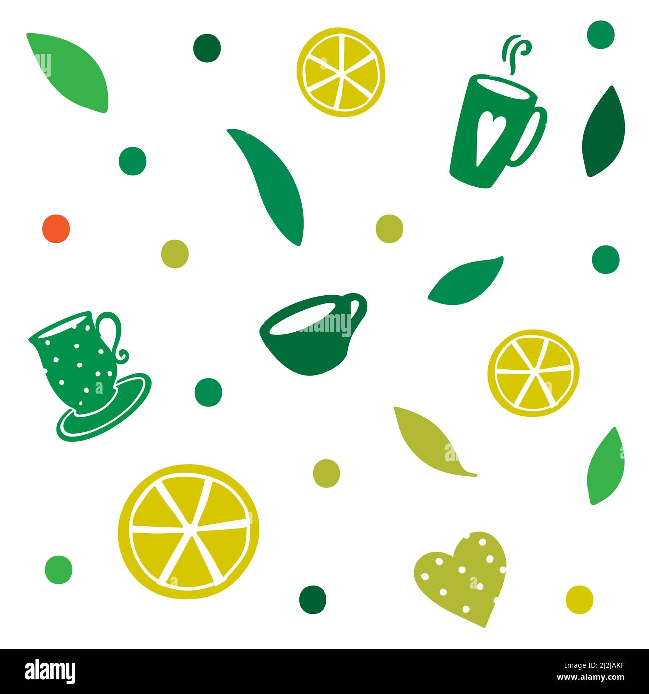 Green tea pattern seamless vector illustration with tea leaves, teacups ...