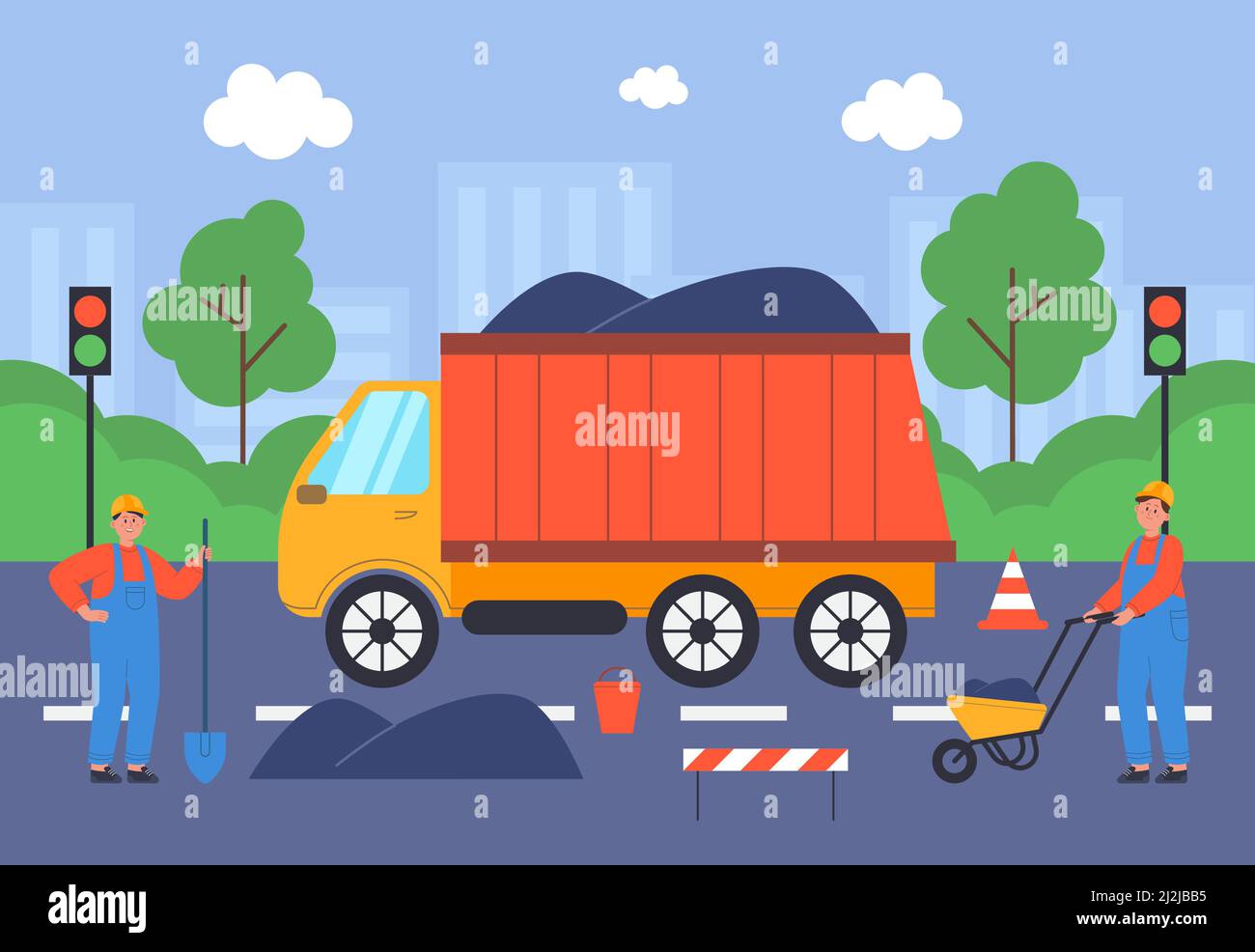 Cartoon workers paving road on highway. Engineers repairing asphalt at ...