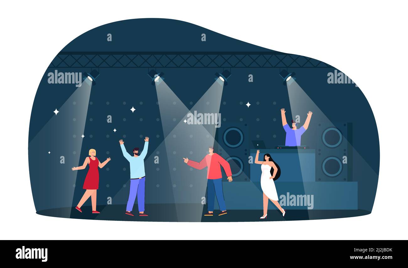 Cartoon people dancing at disco in night club. Nightclub scene, DJ at ...
