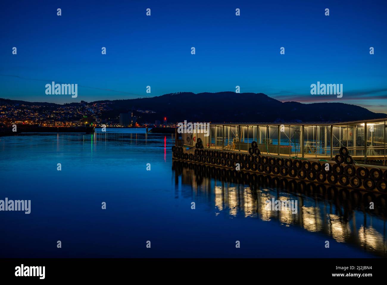 Evening view of passanger ferry terminal in Trondheim harbour, Norway ...