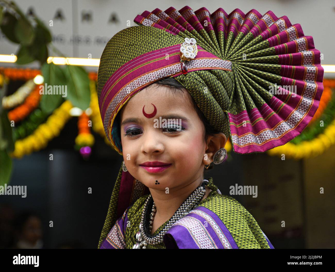 A girl dressed in traditional clothes seen during the Gudi Padwa ...