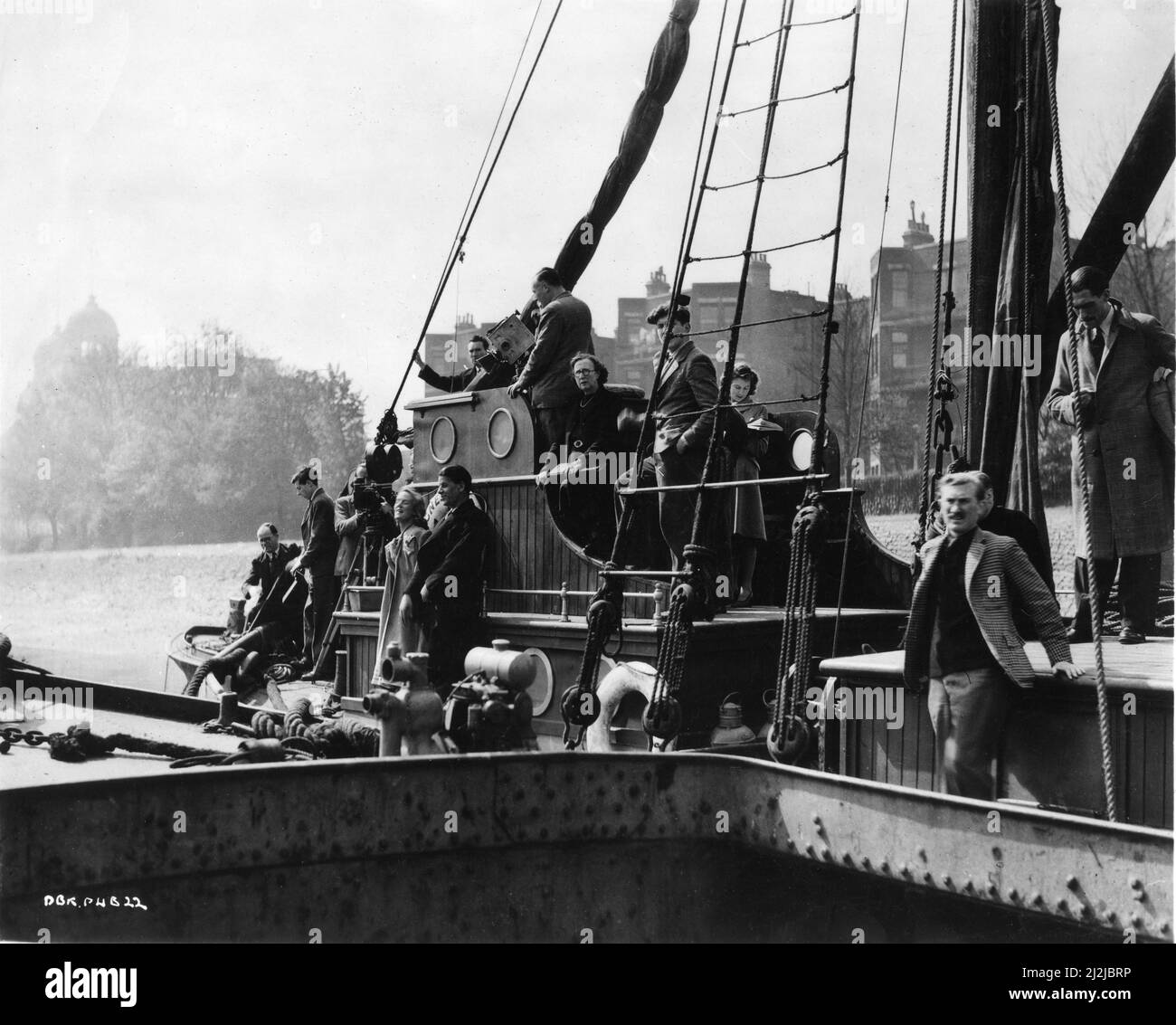 Members of Film Crew on a Barge on the River Thames in London location ...