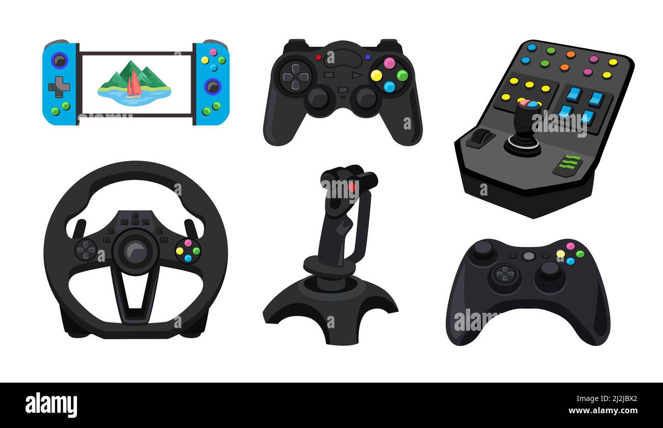 Different consoles for video games vector illustrations set. Designs for gamepads, joysticks ...