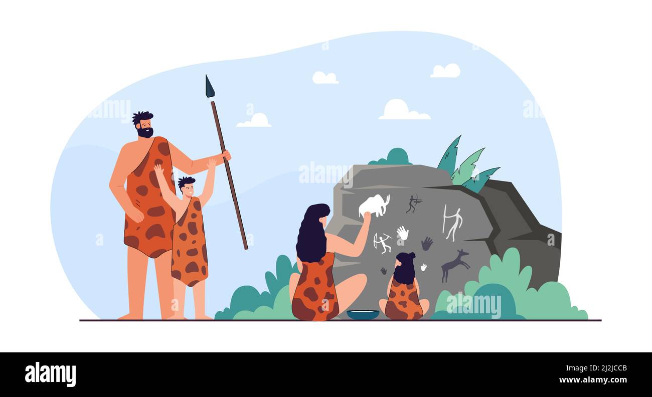 Family of cavemen next to rock with prehistoric drawings. Woman and kid ...
