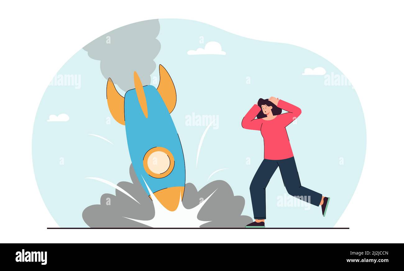 Frustrated businesswoman and falling rocket. Business or company ...