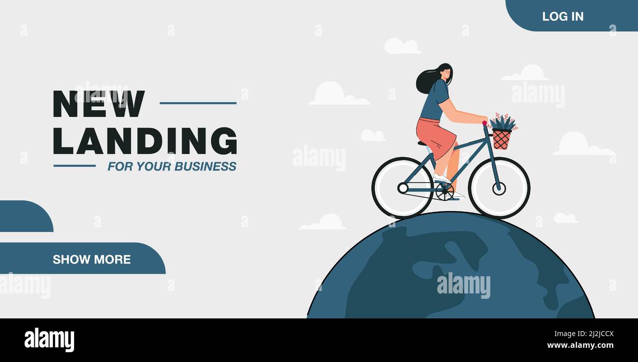Female cartoon character riding bicycle on globe. Woman on ecological ...