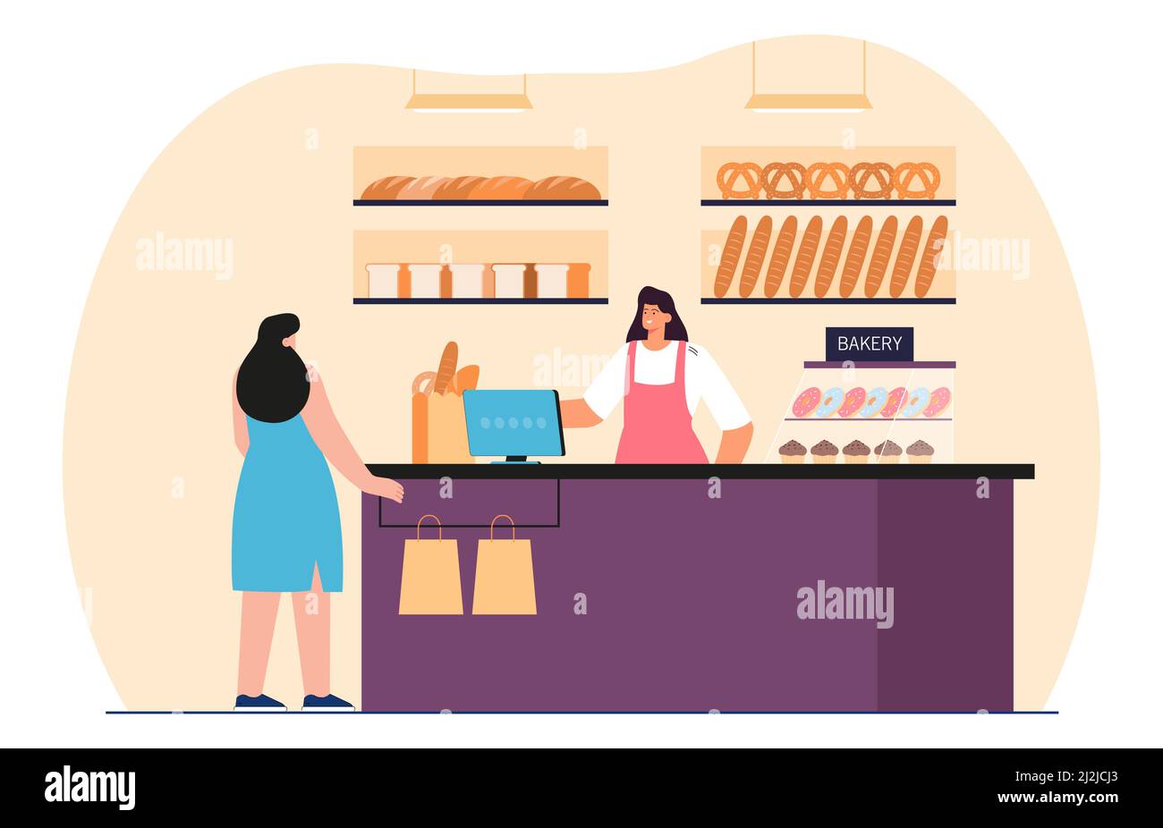 Girl buying bread at bakery shop flat vector illustration. Female ...