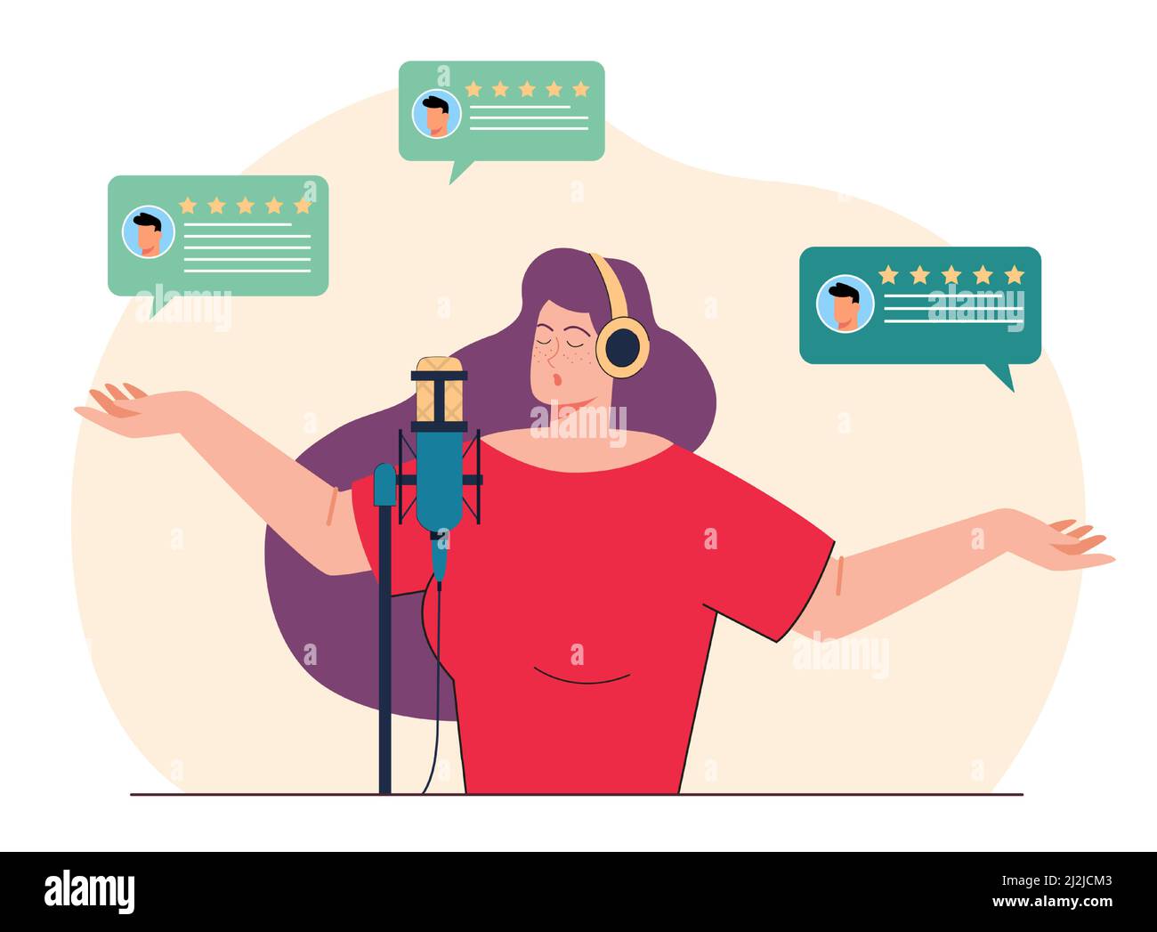 Girl singing at mic in studio flat vector illustration. Bubbles with ...