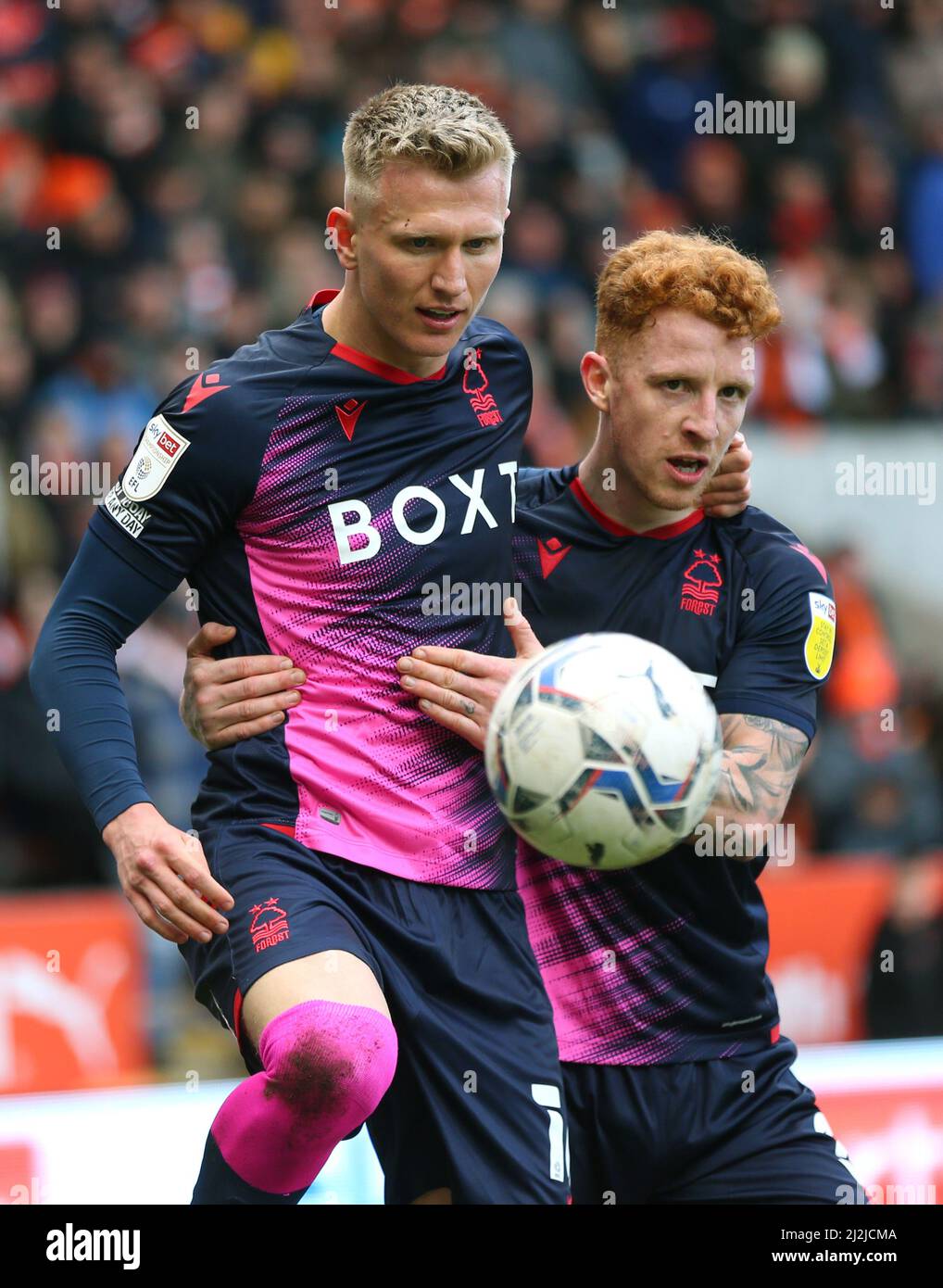 Nottingham Forest's Sam Surridge (right) celebrates with Jack Colback ...