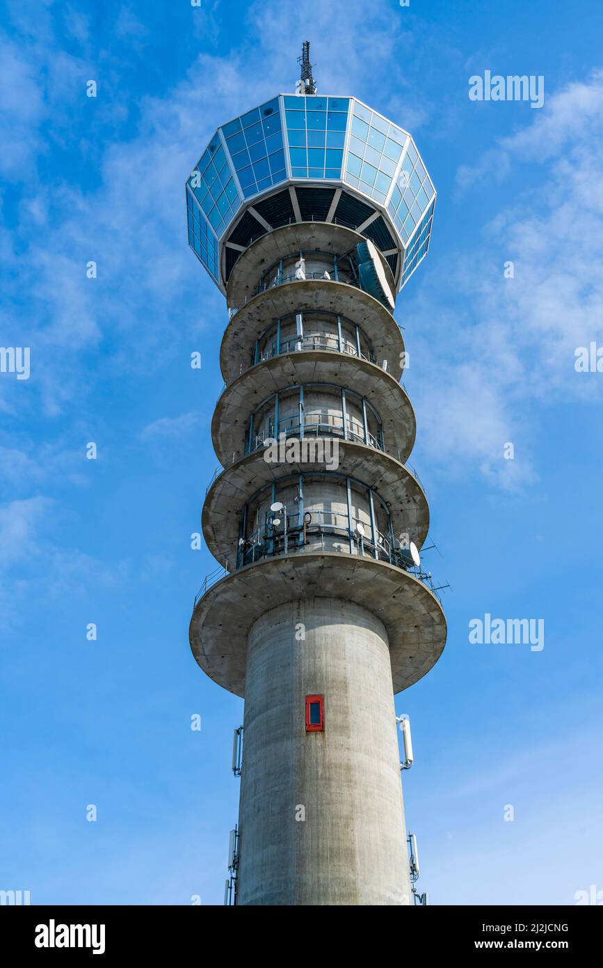 Upward view of Tyholt tower, a 126 metre tall radio tower with an ...