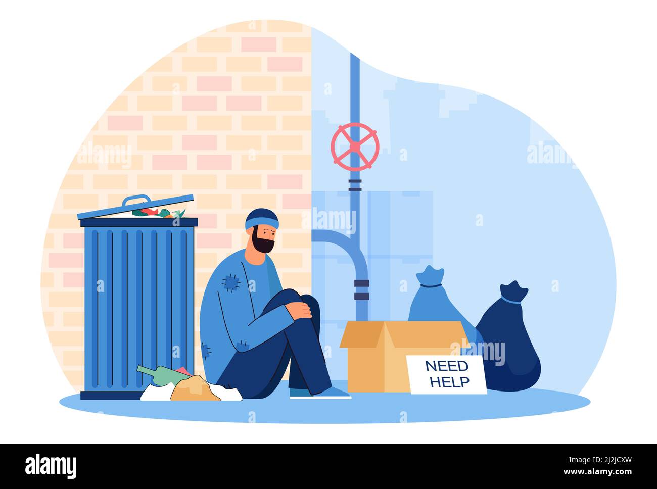 Homeless man sitting on ground flat vector illustration. Desperate ...