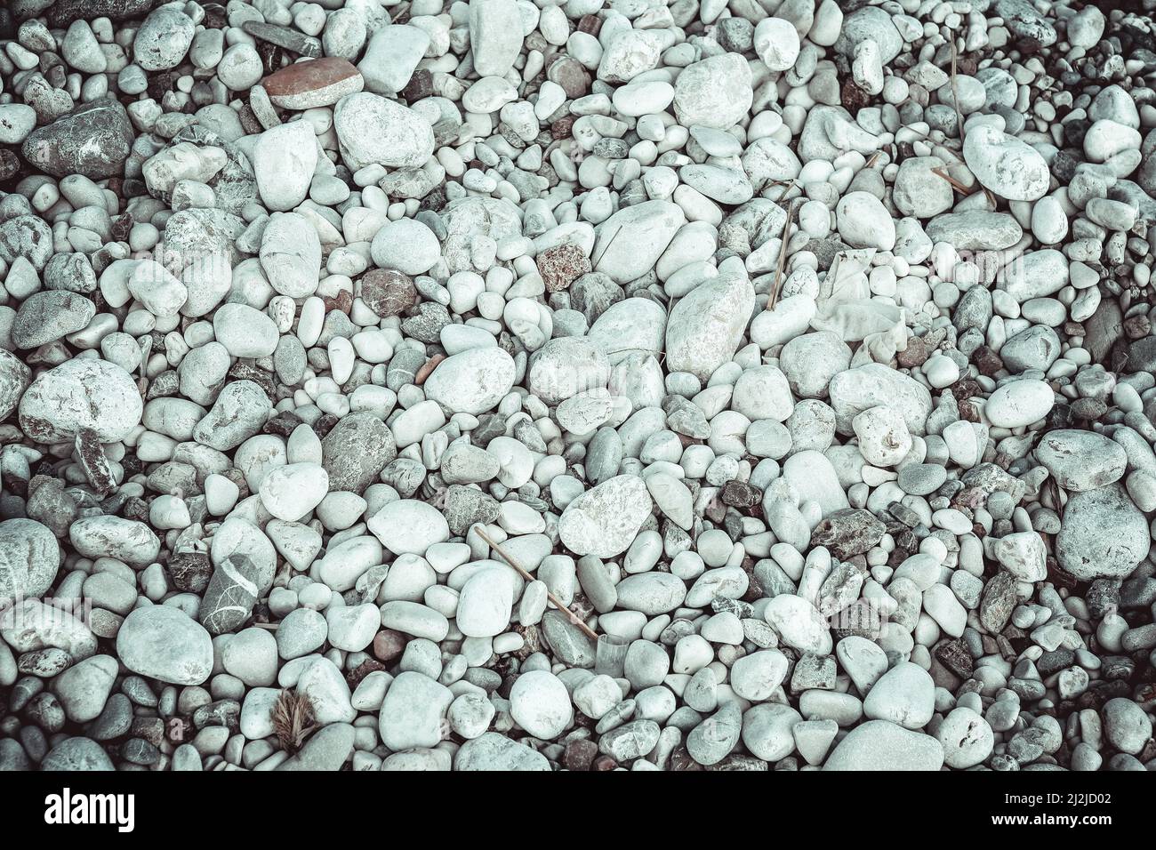 Sea pebbles on the beach. Close-up shot. Small and big roundish smooth ...