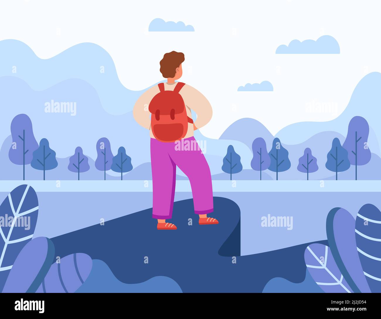 Landscape with tourist or hiker character standing on cliff. Back view ...