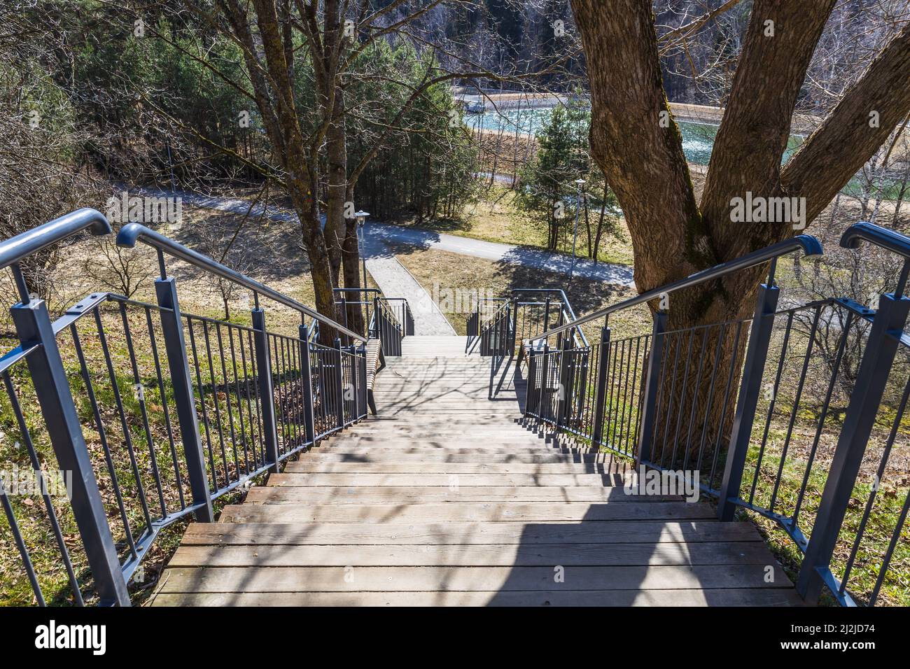 Pedestrian walkway with steel handrails and fall protection Stock Photo ...