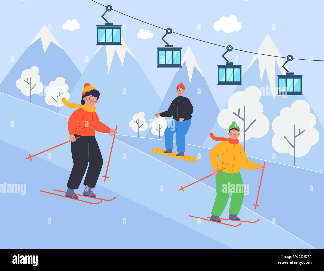 Landscape of ski resort with happy family with kid. Cartoon characters ...