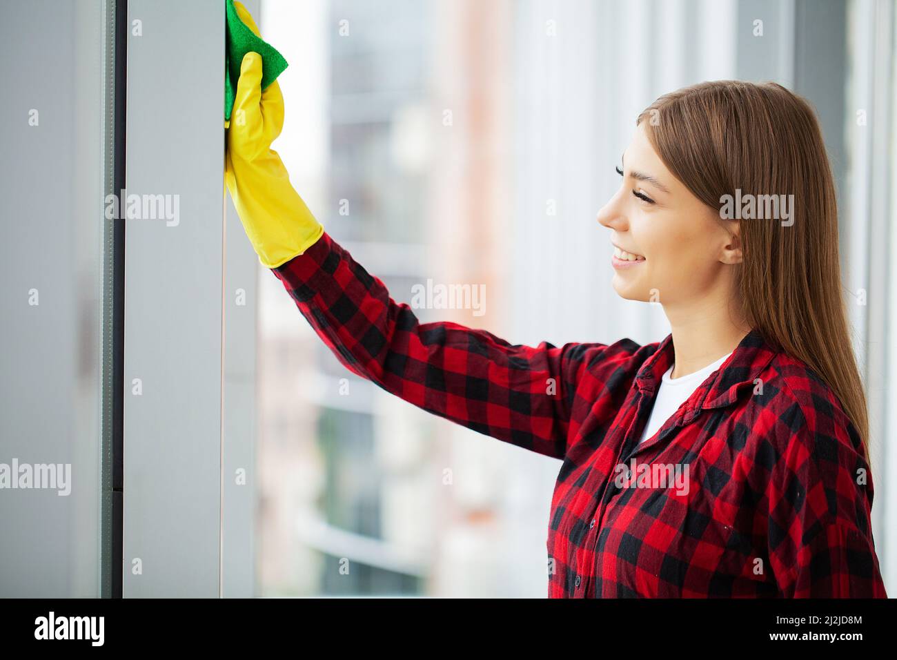 Happy young woman housewife washes a window Stock Photo - Alamy