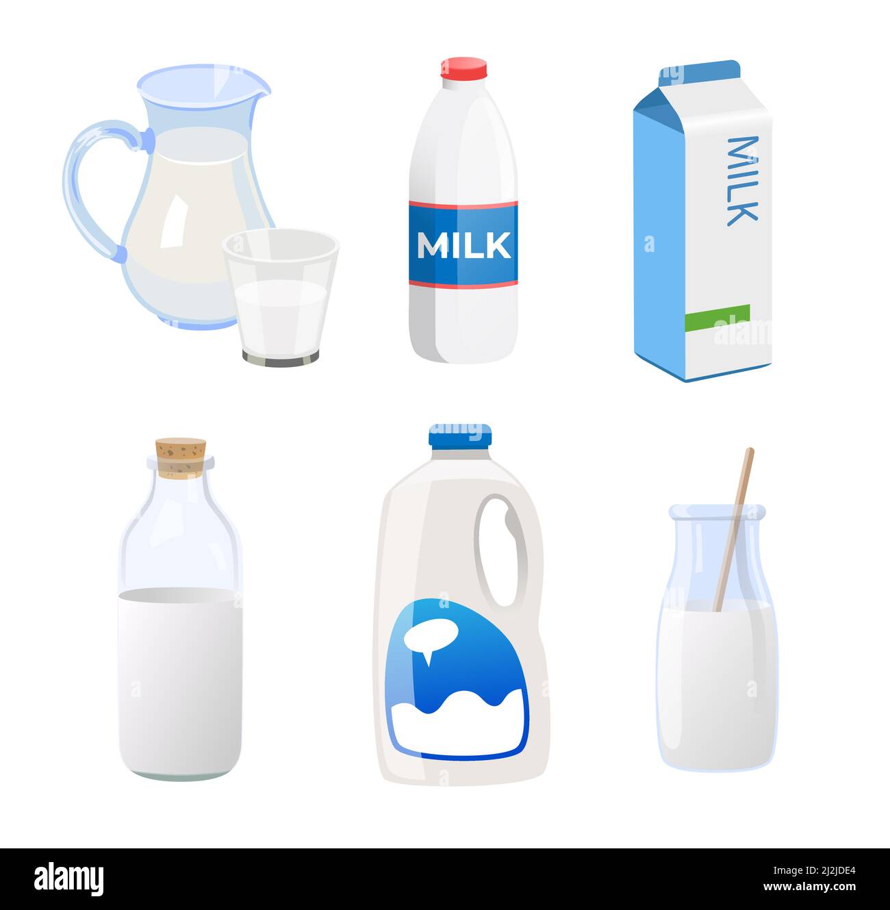 Milk in different containers vector illustrations set. Fresh cow milk ...