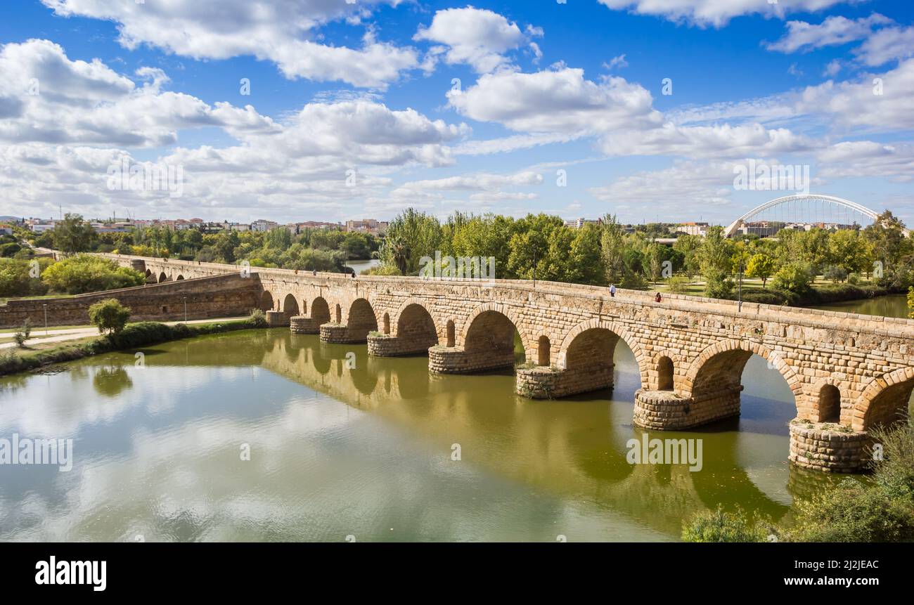 Historic roman bridge (Puente Romana) over the Guadiana river in Merida ...