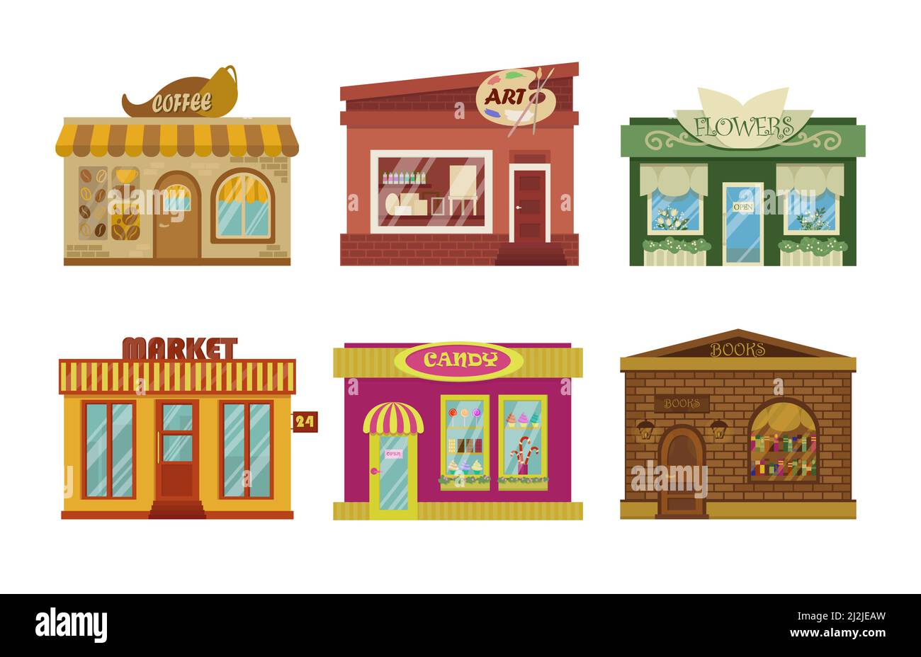 Shop building facades cartoon illustration set. Exterior of cafe ...