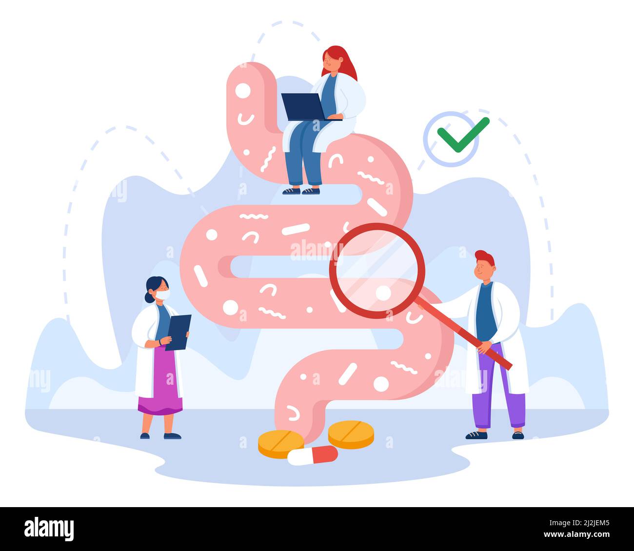 Tiny doctors examining gut flora flat vector illustration. Therapists ...