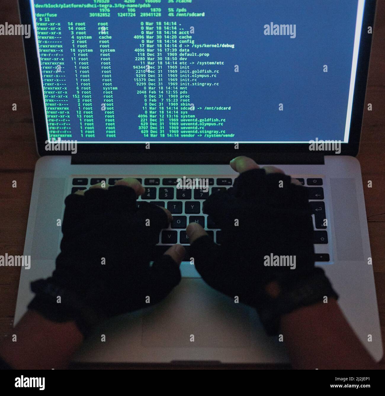 Your network has been breached. Shot of an unrecognisable hacker using a laptop in the dark ...