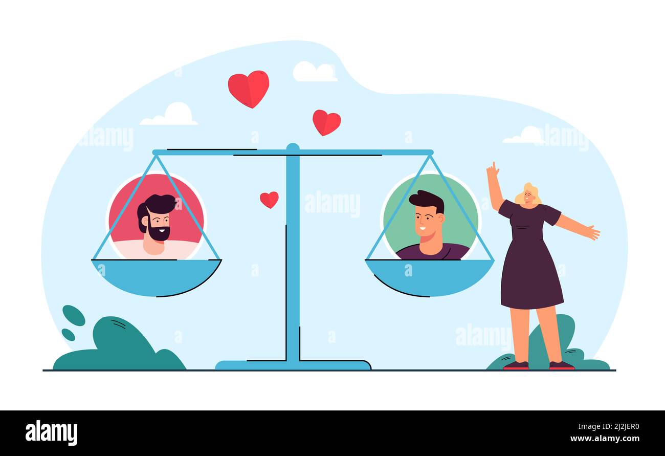 Tiny cartoon woman choosing between two men. Scales with male character ...