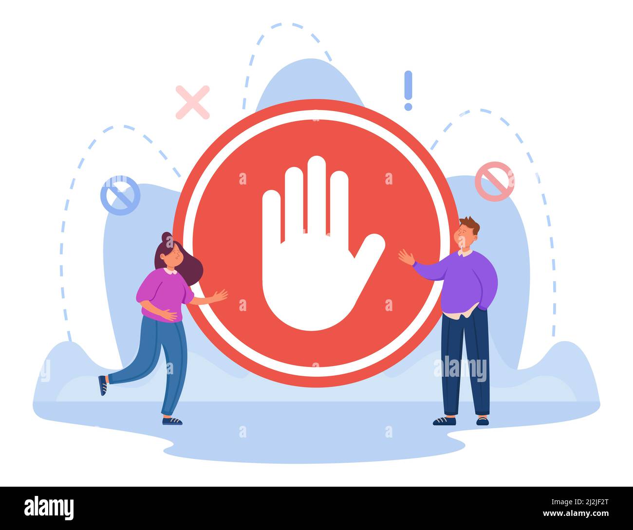 Tiny people standing near stop sign flat vector illustration. Huge red ...