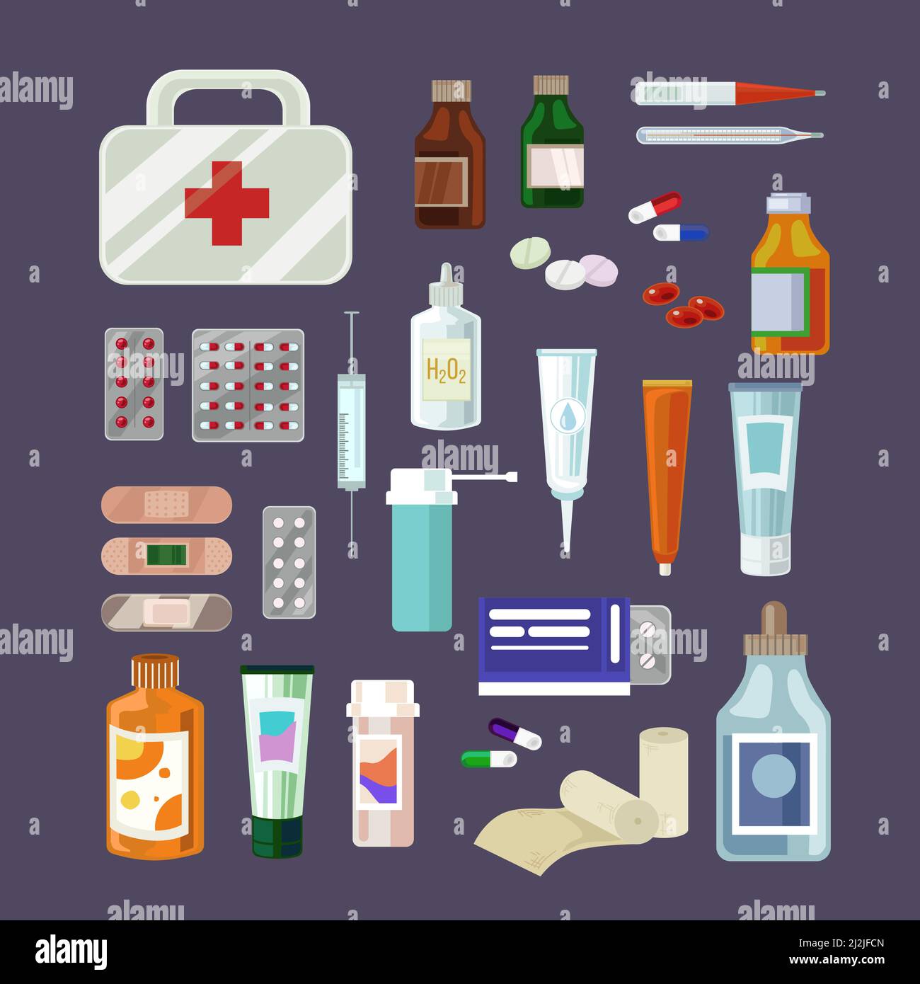 Various pills and drugs bottles cartoon illustration set. Syringe ...
