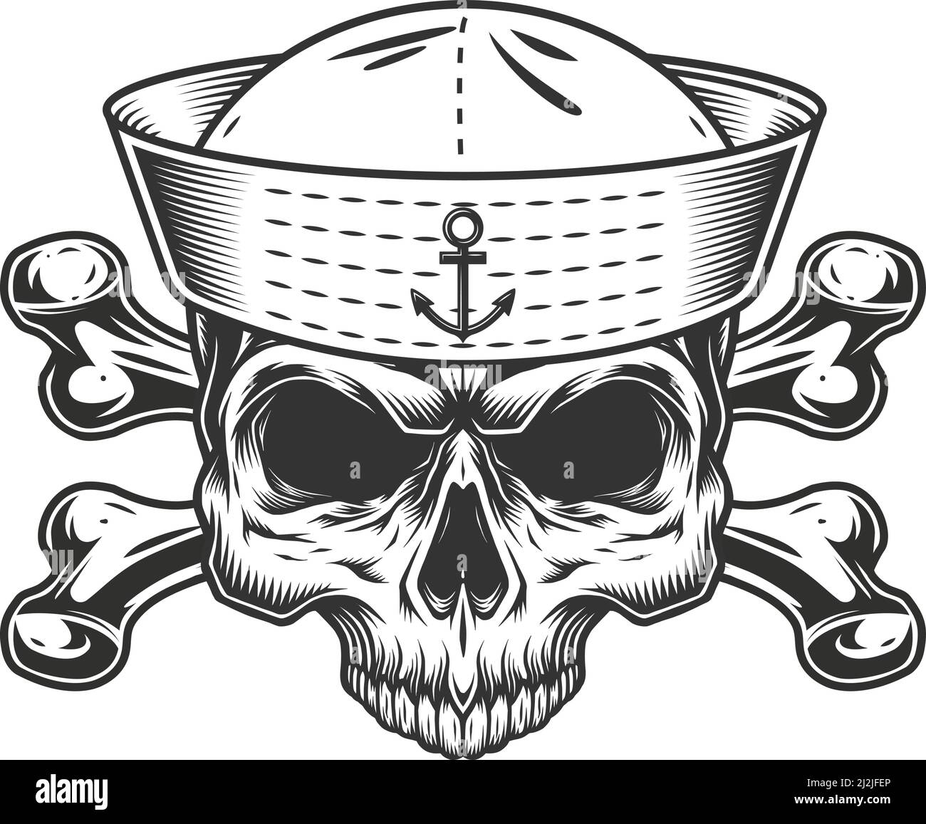 Vintage mariner skull without jaw and crossbones isolated vector ...