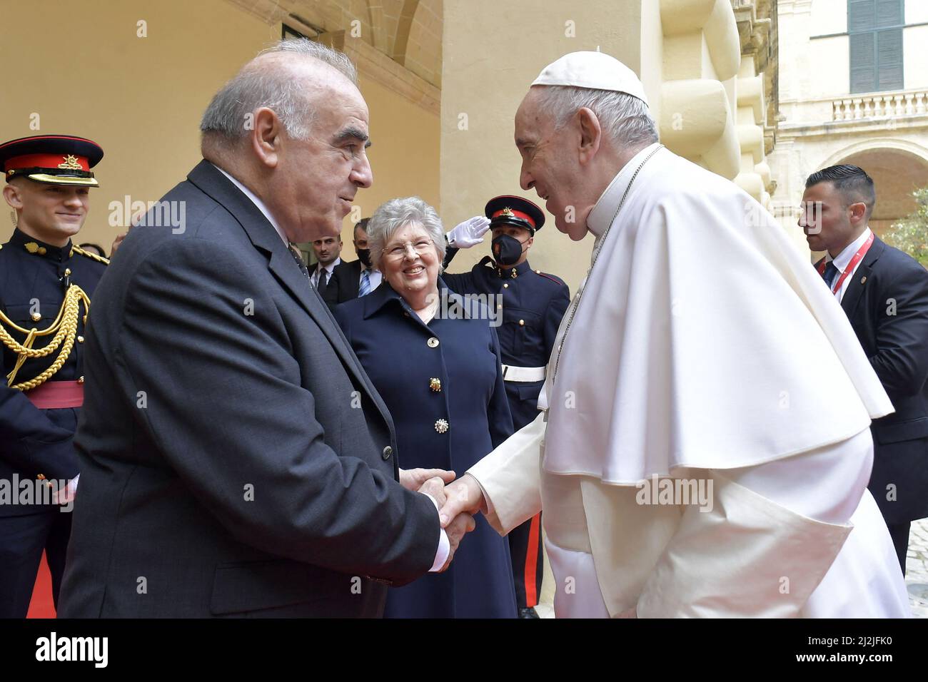 Pope Francis is received by Malta's President George Vella at the ...