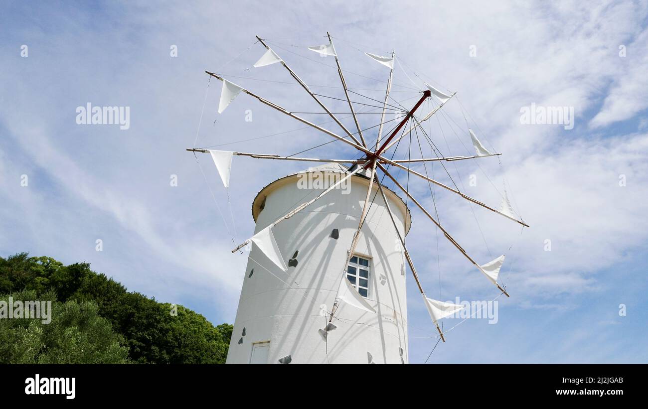 A low angle of a Greek windmill Scenic spot Stock Photo - Alamy