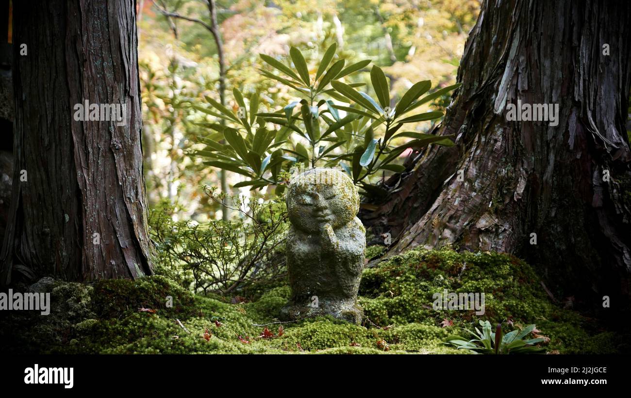 A closeup of a mossy stone statue of otagi nenbutsuji Stock Photo - Alamy