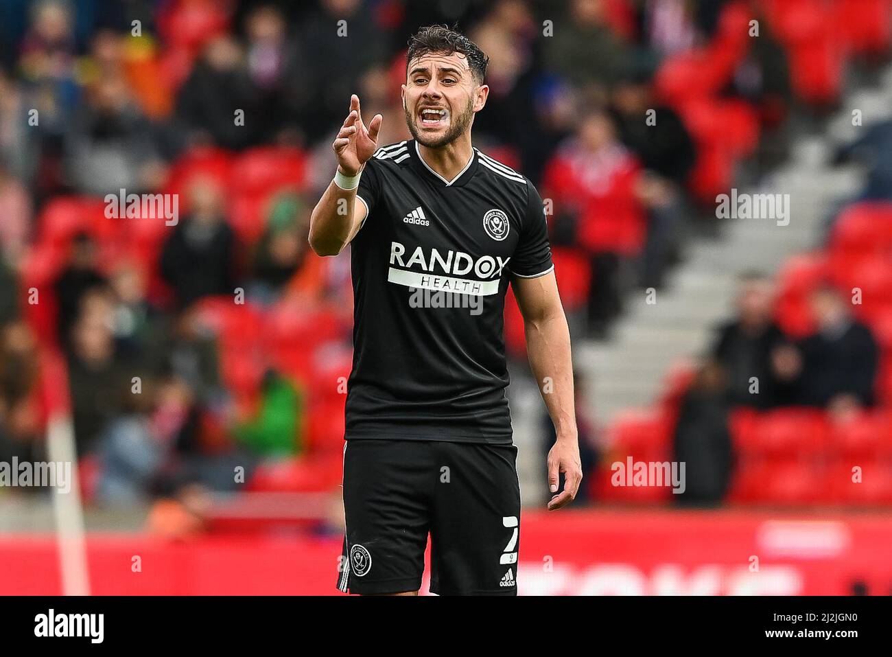 George Baldock #2 of Sheffield United gives his team instructions Stock ...