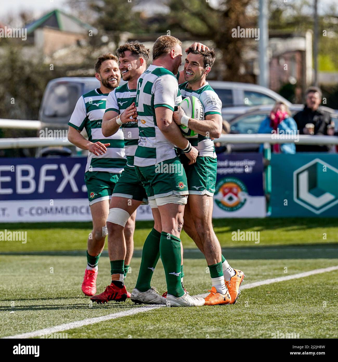 Craig HAMPSON (9) of Ealing Trailfinders (right) celebrates after he ...