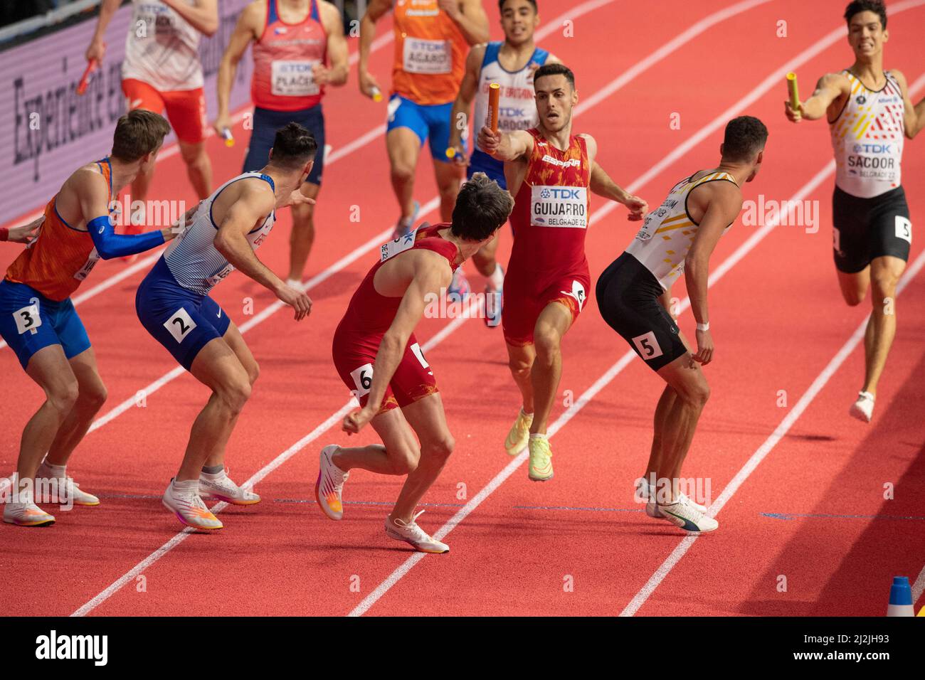 Bernat Erta and Manuel Guijarro SPA competing the men’s 4x400m relay on ...