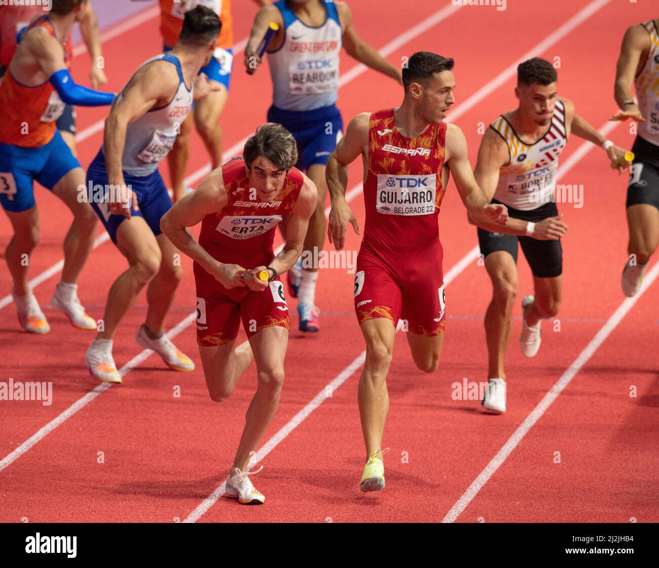 Bernat Erta and Manuel Guijarro SPA competing the men’s 4x400m relay on ...