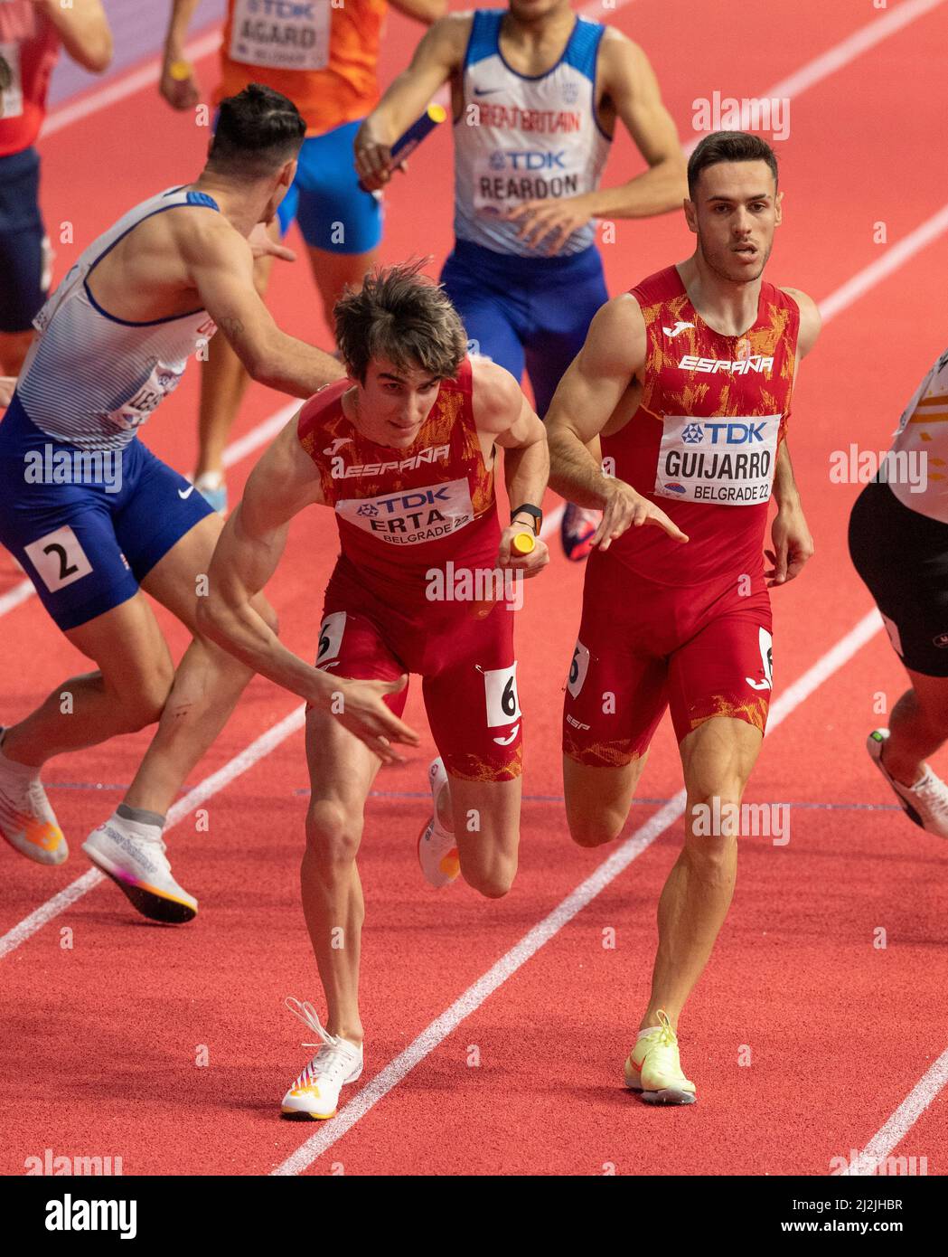 Bernat Erta and Manuel Guijarro SPA competing the men’s 4x400m relay on ...