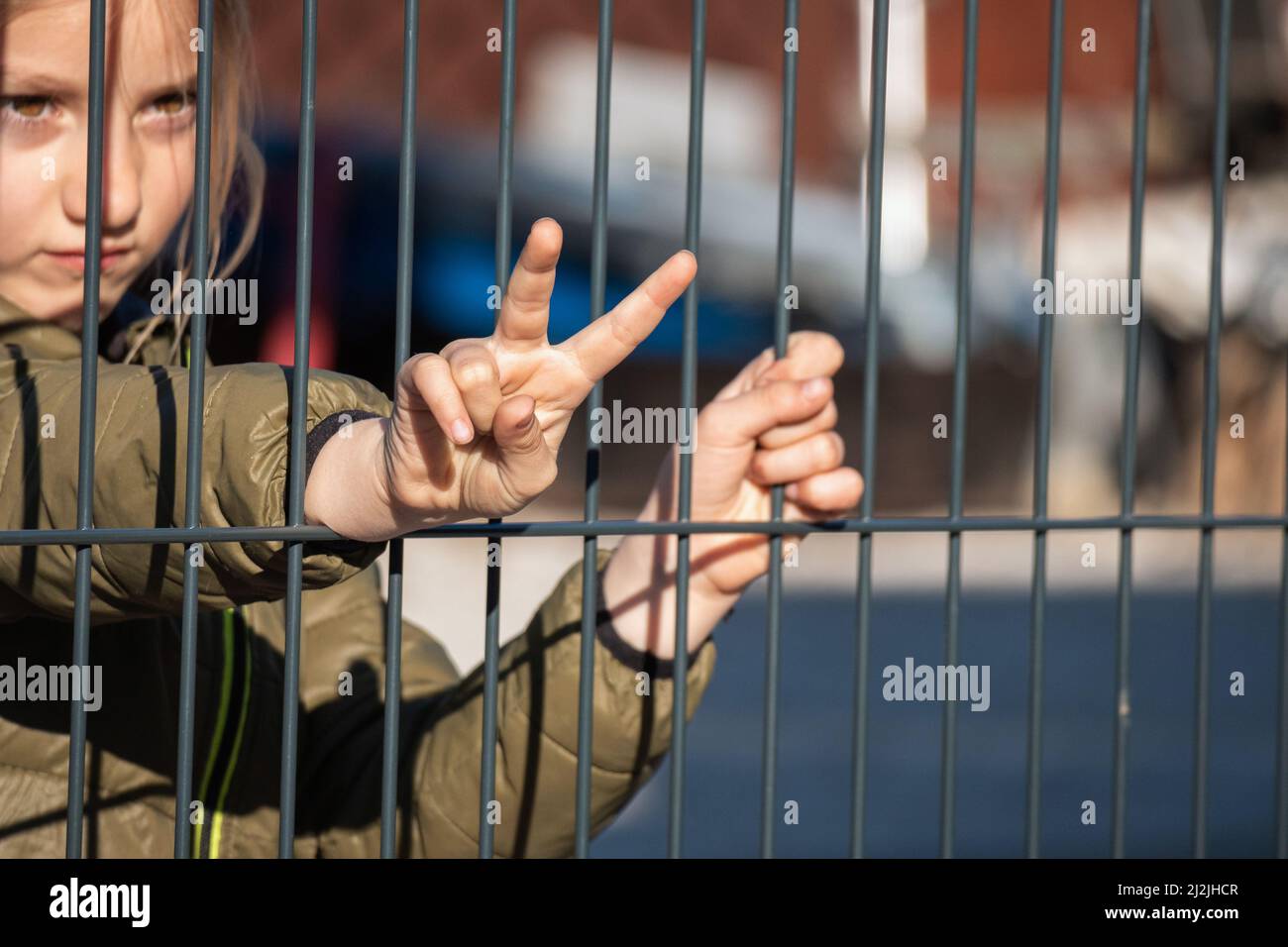 Child refugee hand holding a metal fence. Social problem of war ...
