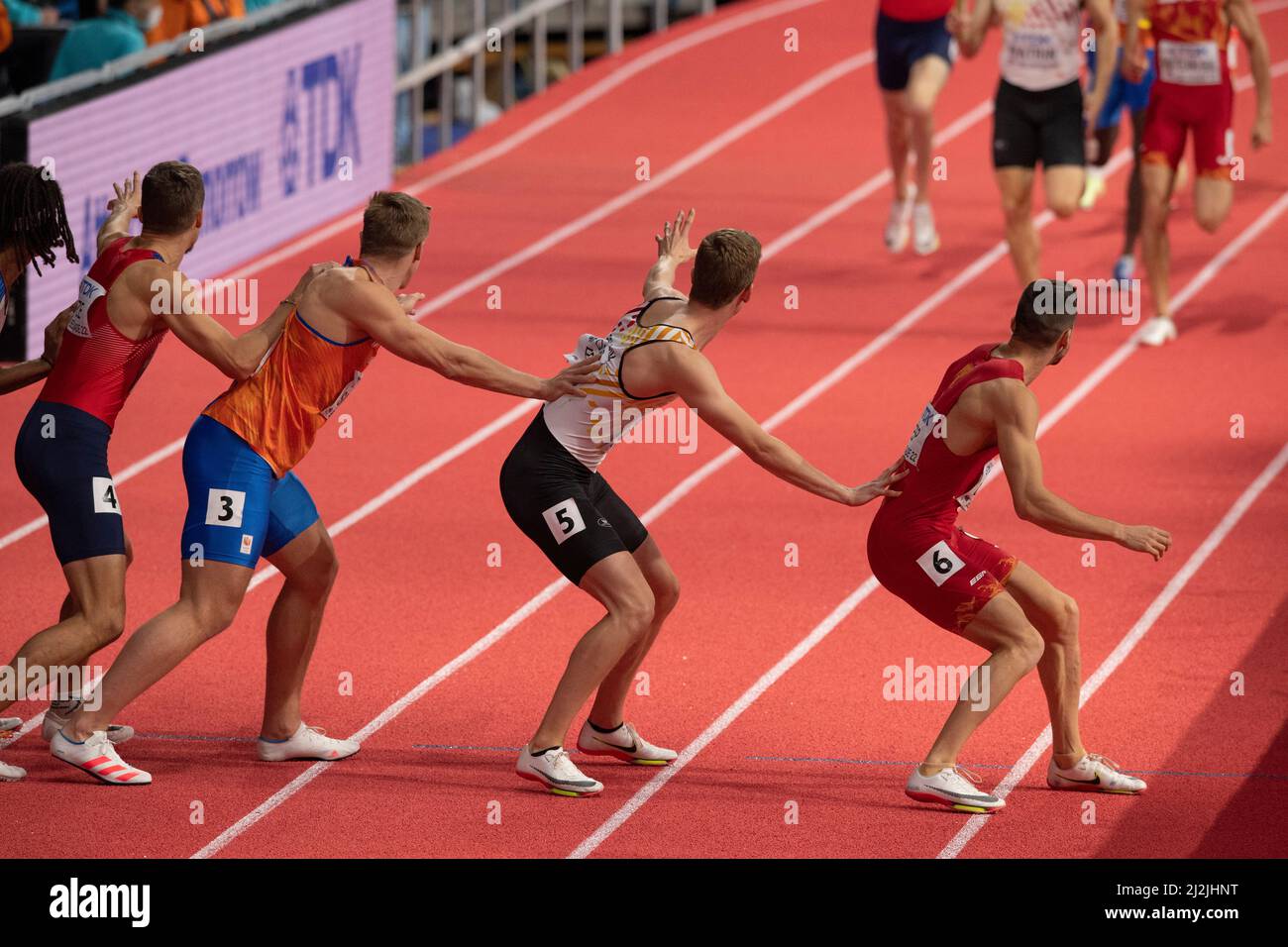 Men’s 4x400m change over relay on Day Three of the World Athletics ...