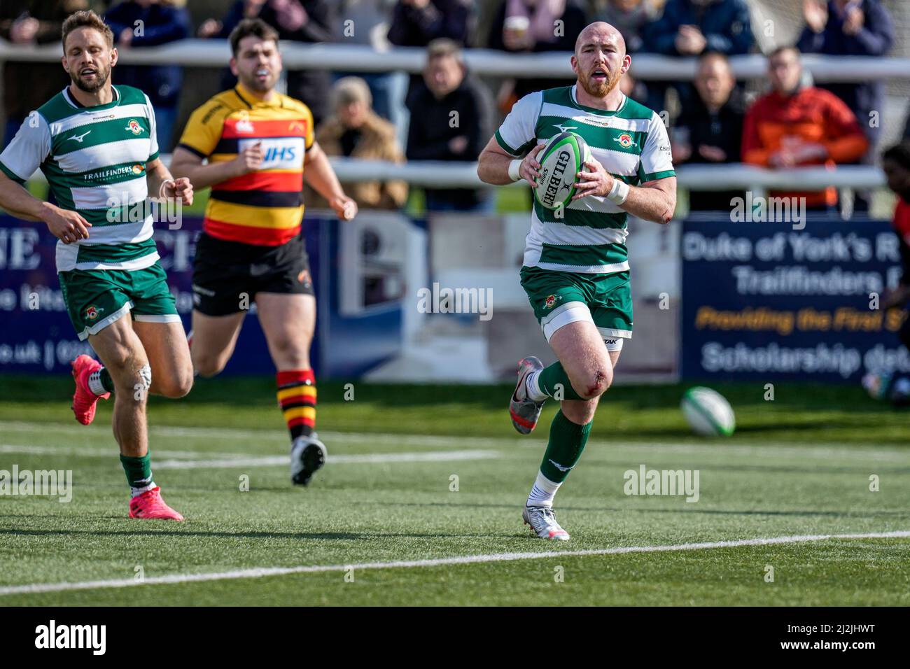 Max BODILLY (13) of Ealing Trailfinders breaks away to score his team's ...