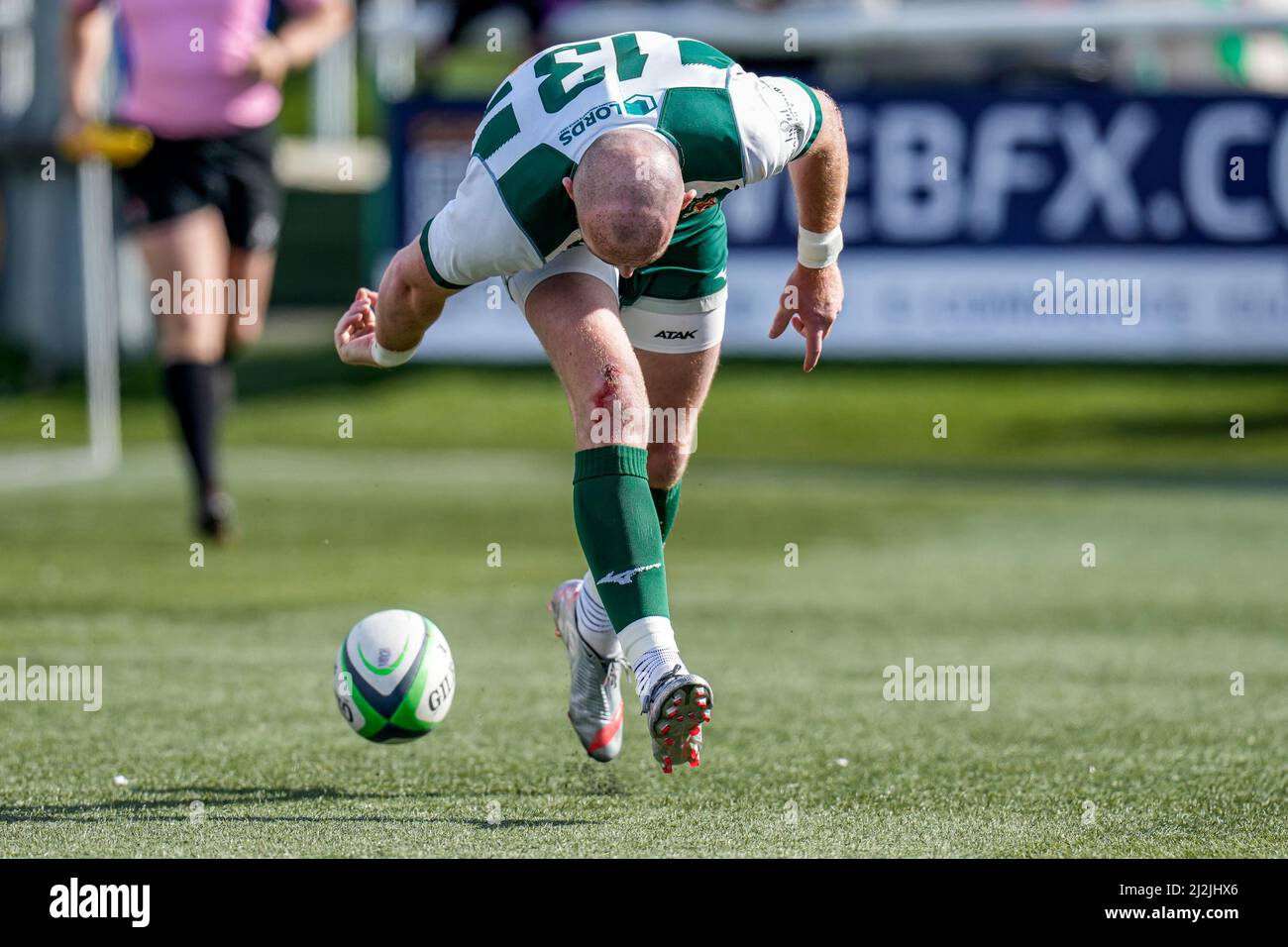 Max BODILLY (13) of Ealing Trailfinders scores his team's fourth try ...