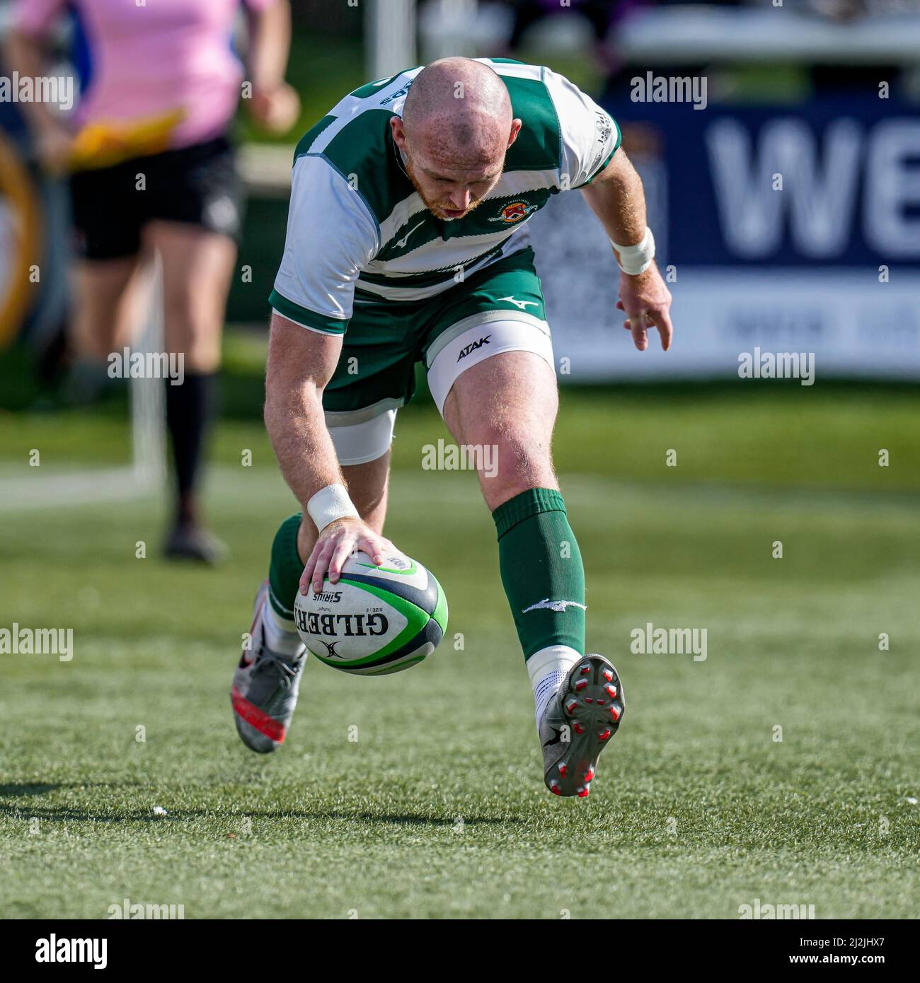 Max BODILLY (13) of Ealing Trailfinders scores his team's fourth try ...