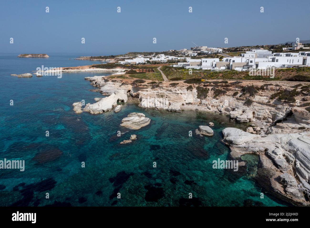 Aerial view of limestone rock formations on the coastline at Sea Caves ...