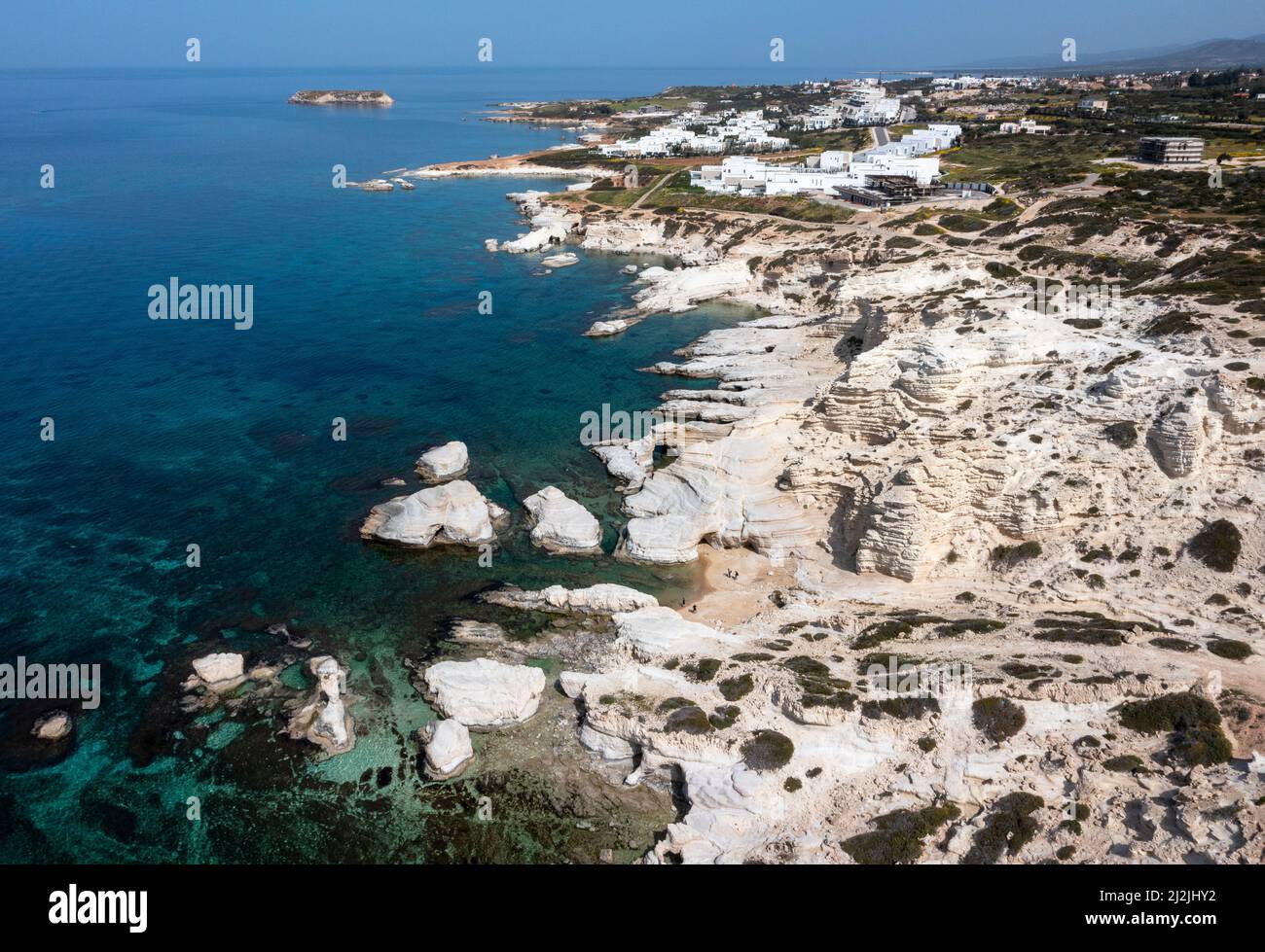 Aerial view of limestone rock formations on the coastline at Sea Caves ...