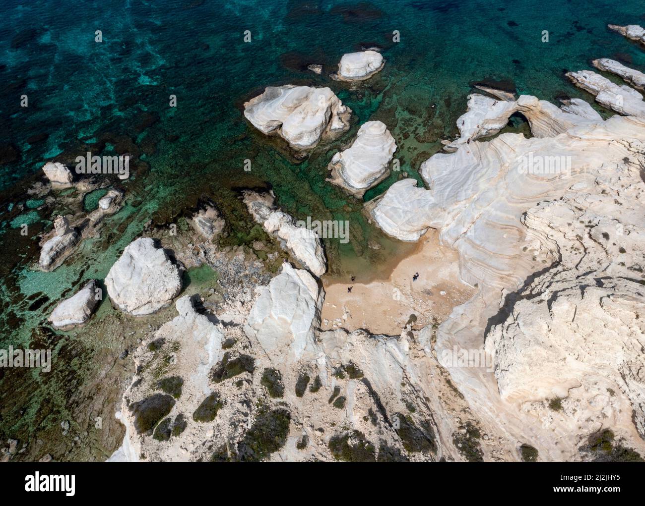Aerial view of limestone rock formations on the coastline at Sea Caves ...