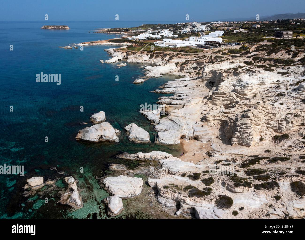Aerial view of limestone rock formations on the coastline at Sea Caves ...