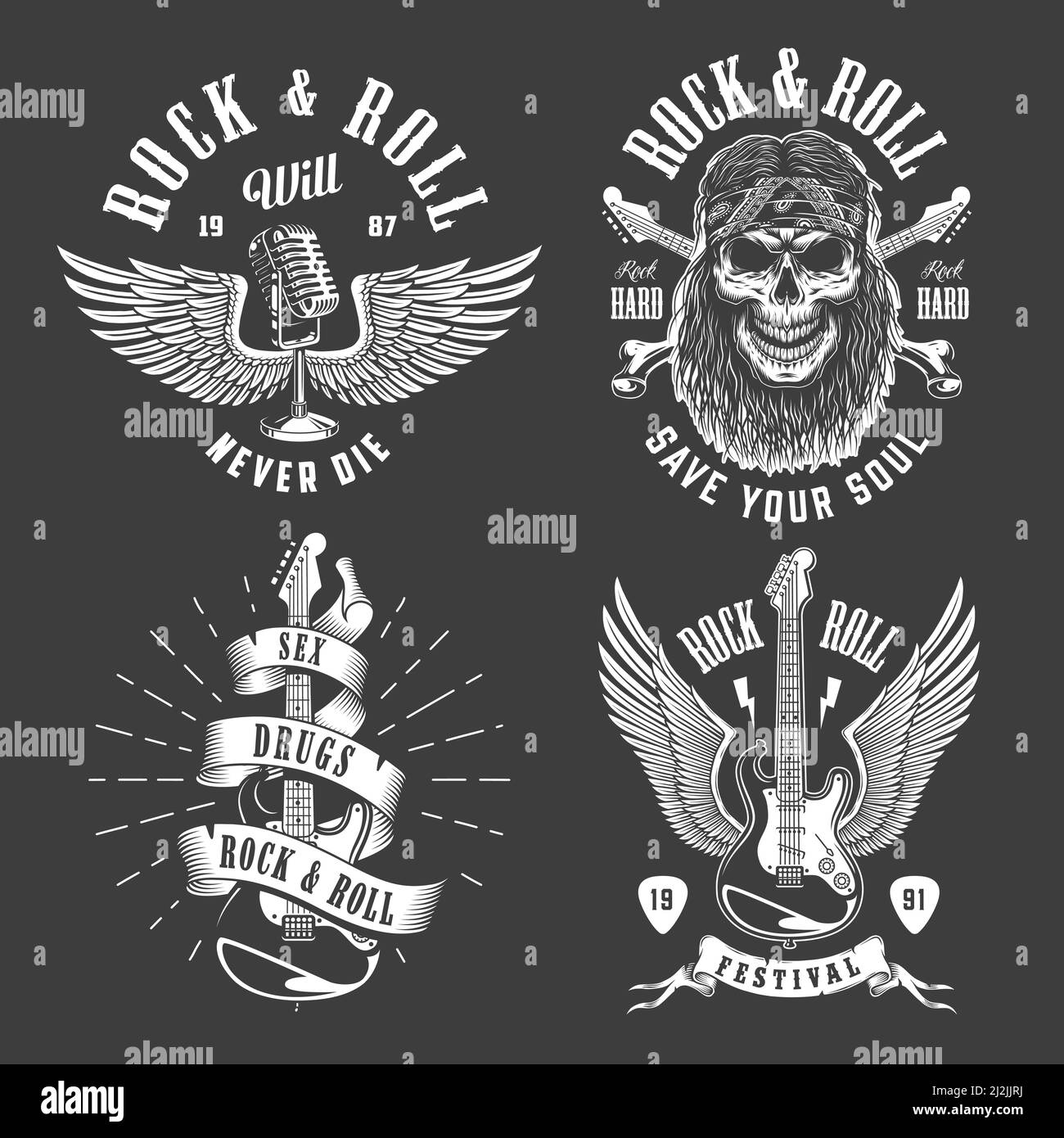 Rock and roll emblems on black background. Vector illustration Stock ...